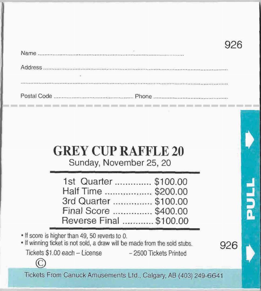 Grey Cup Raffle Tickets - 1600 Ticket Count - Canuck Amusements